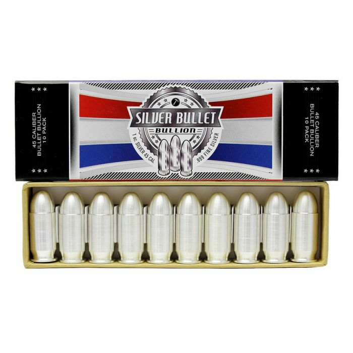 Box of 10 - 1 oz Silver .45 Cal Pistol Inert Cartridge Replica Bullet ...